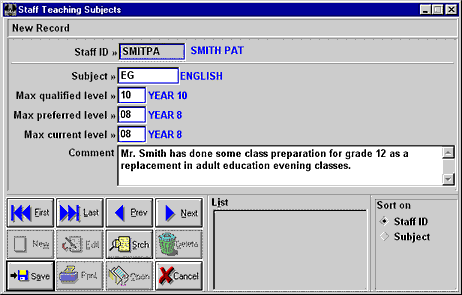 Staff Teaching Subjects screen